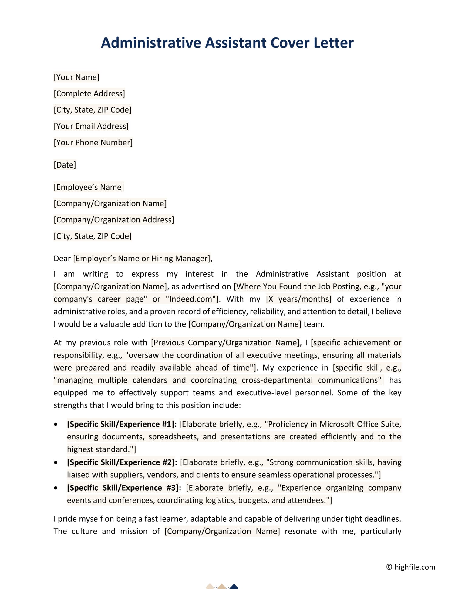 Administrative Assistant Cover Letter - Word | Google Docs - Highfile