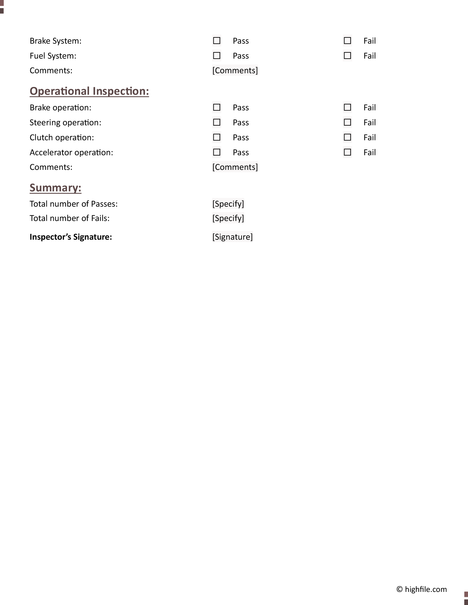 Bus Inspection Form - Word | Google Docs - Highfile