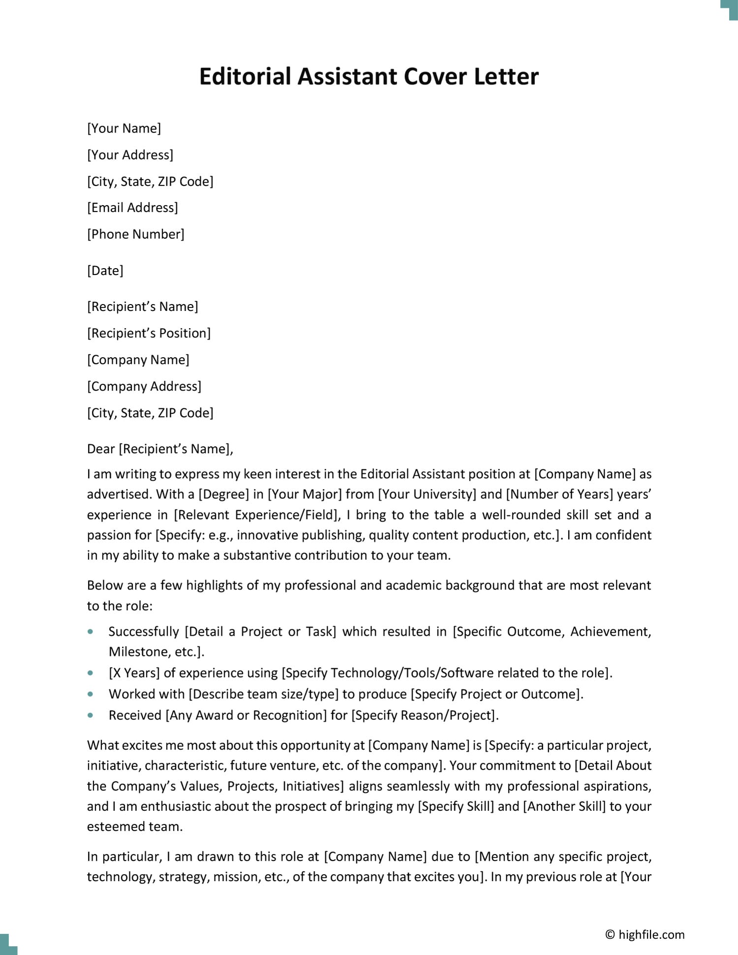 Editorial Assistant Cover Letter - Word | Google Docs - Highfile