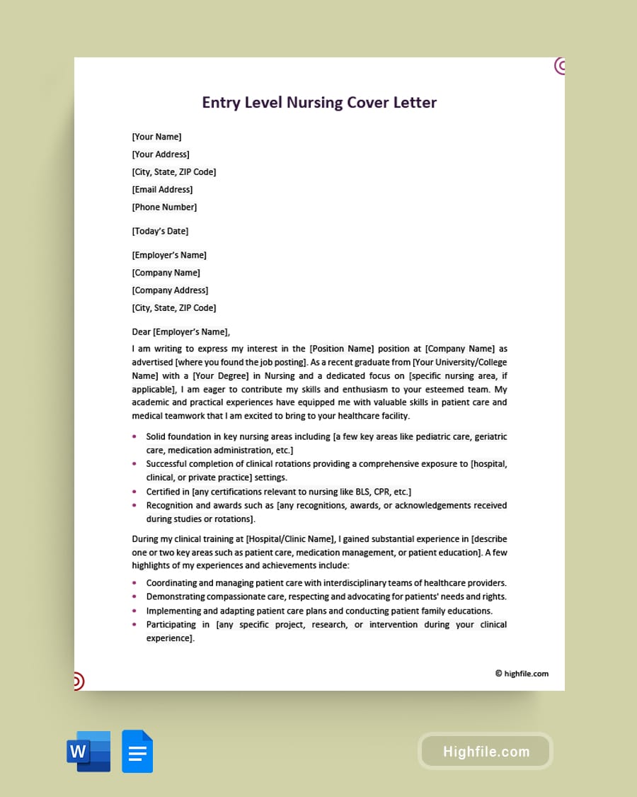 Entry Level Nursing Cover Letter - Word | Google Docs - Highfile