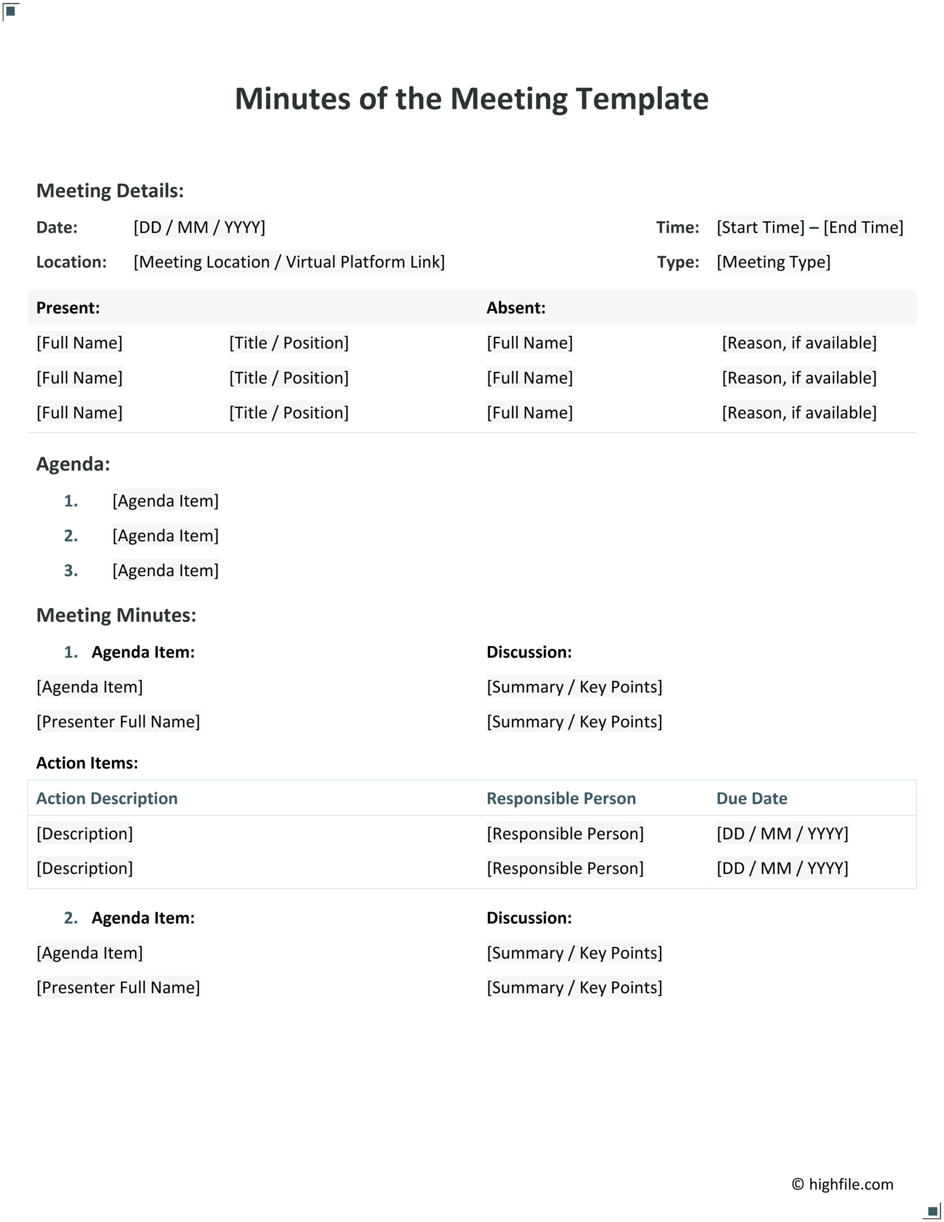Corporate Meeting Minutes Template - Word | Google Docs - Highfile Corporate Meeting Minutes Template - Word | Google Docs - Highfile