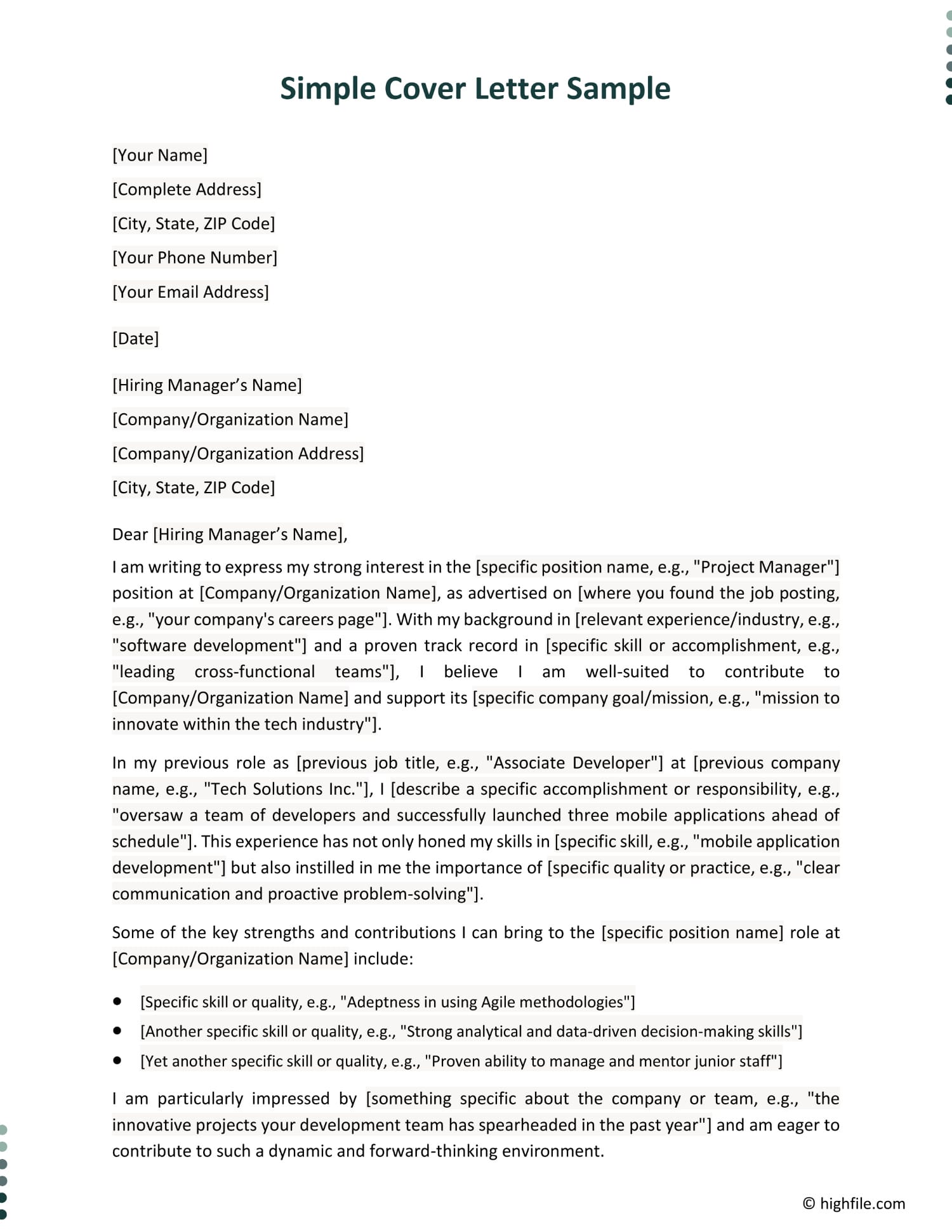 Simple Cover Letter Sample - Word | Google Docs - Highfile