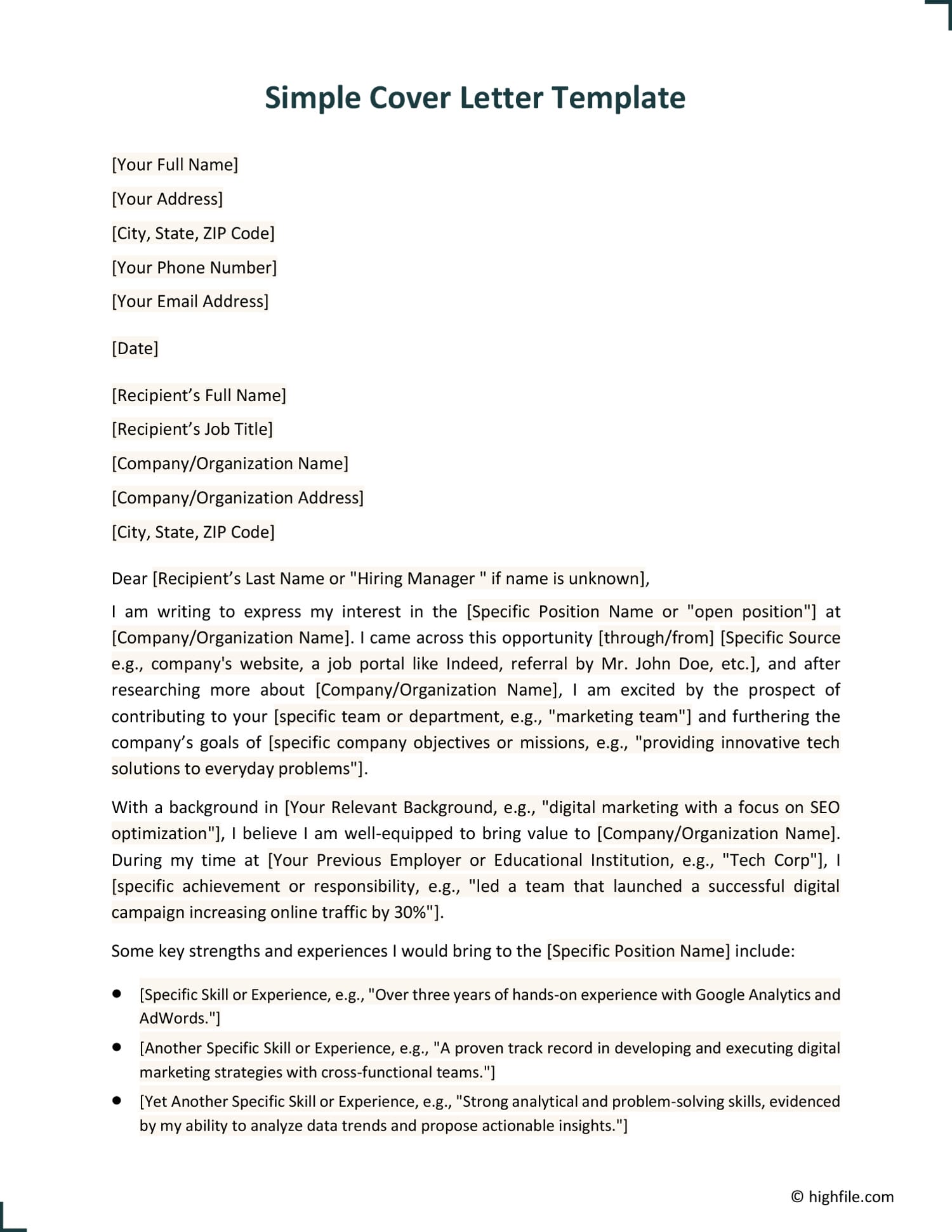 Simple Cover Letter Template - Word | Google Docs - Highfile