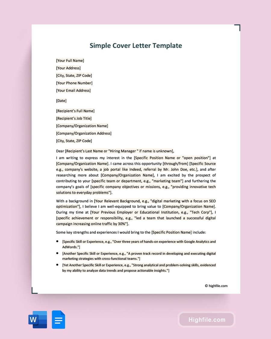 Simple Cover Letter Template - Word | Google Docs - Highfile