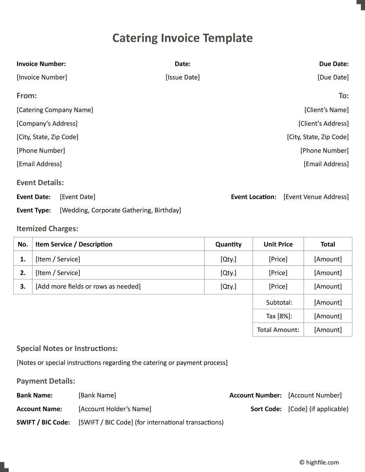 Catering Invoice Template - Word | Google Docs - Highfile