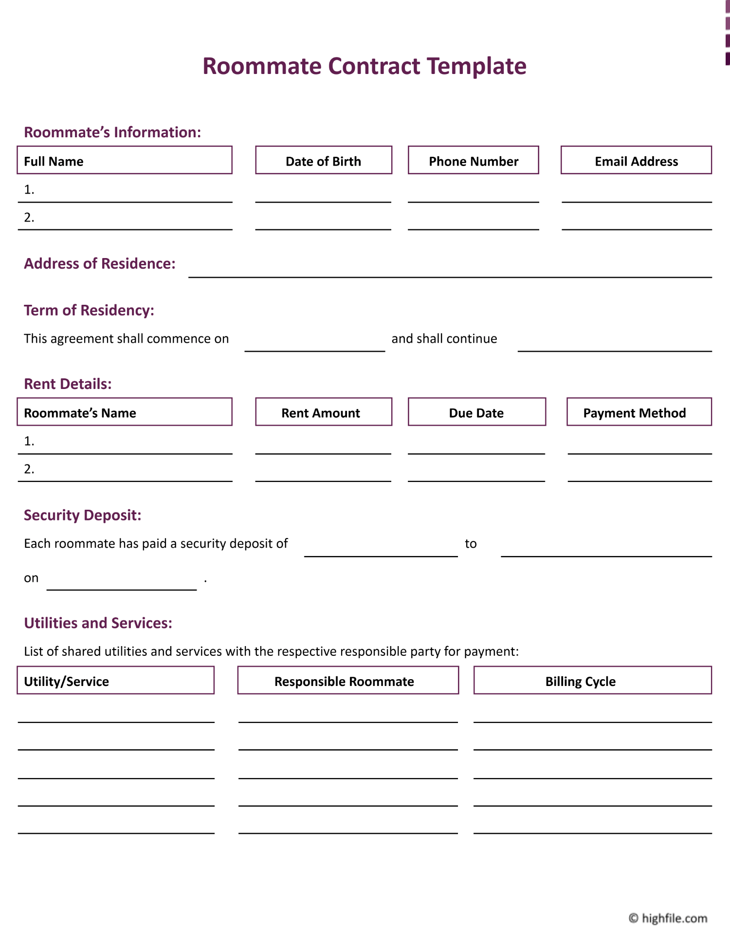 Roommate Contract Template - Word | Google Docs - Highfile