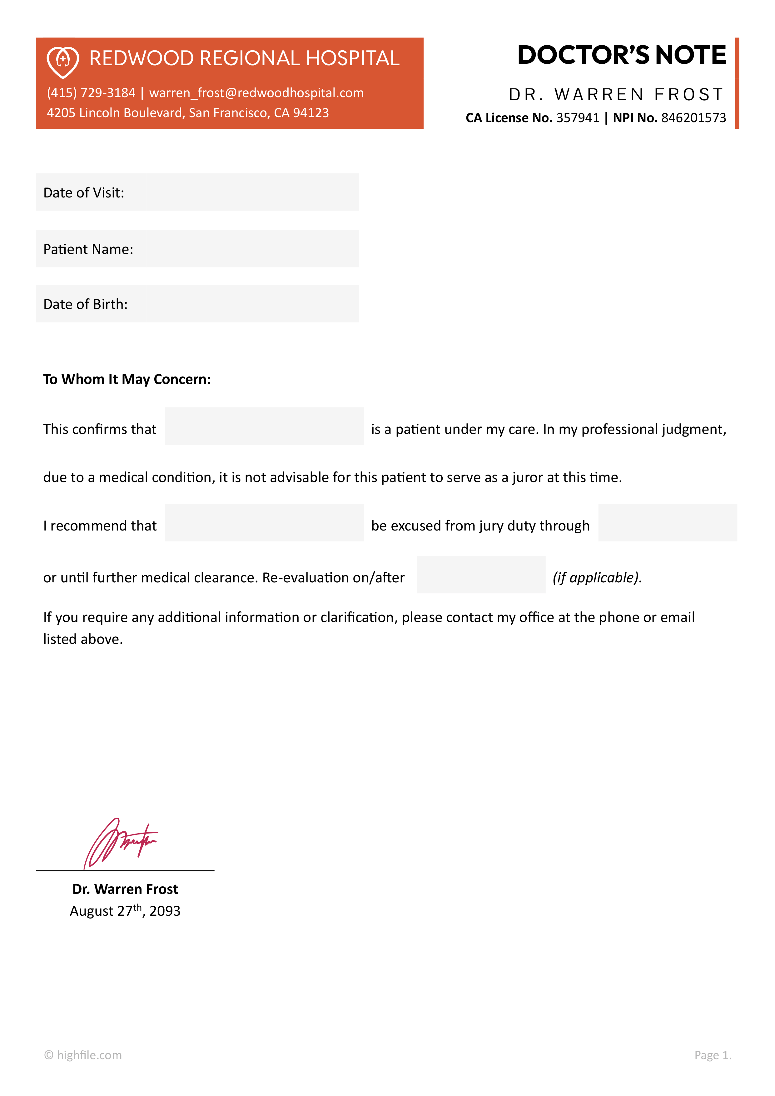 Jury Duty Doctor’s Note Template (Word | Google Docs) - Highfile