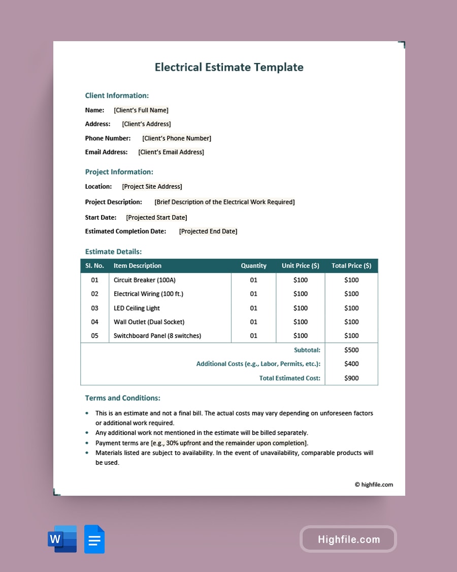 Electrical Estimate Template - Word | Google Docs - Highfile Electrical Estimate Template - Word | Google Docs - Highfile