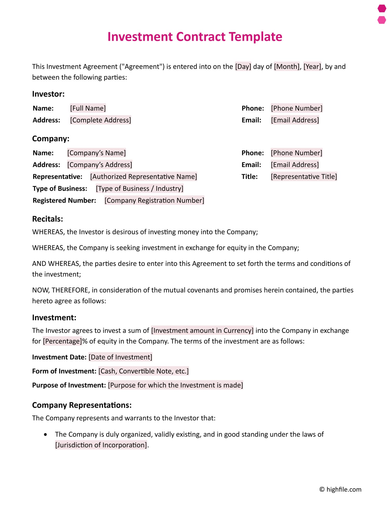 Investment Contract Template - Word | Google Docs - Highfile