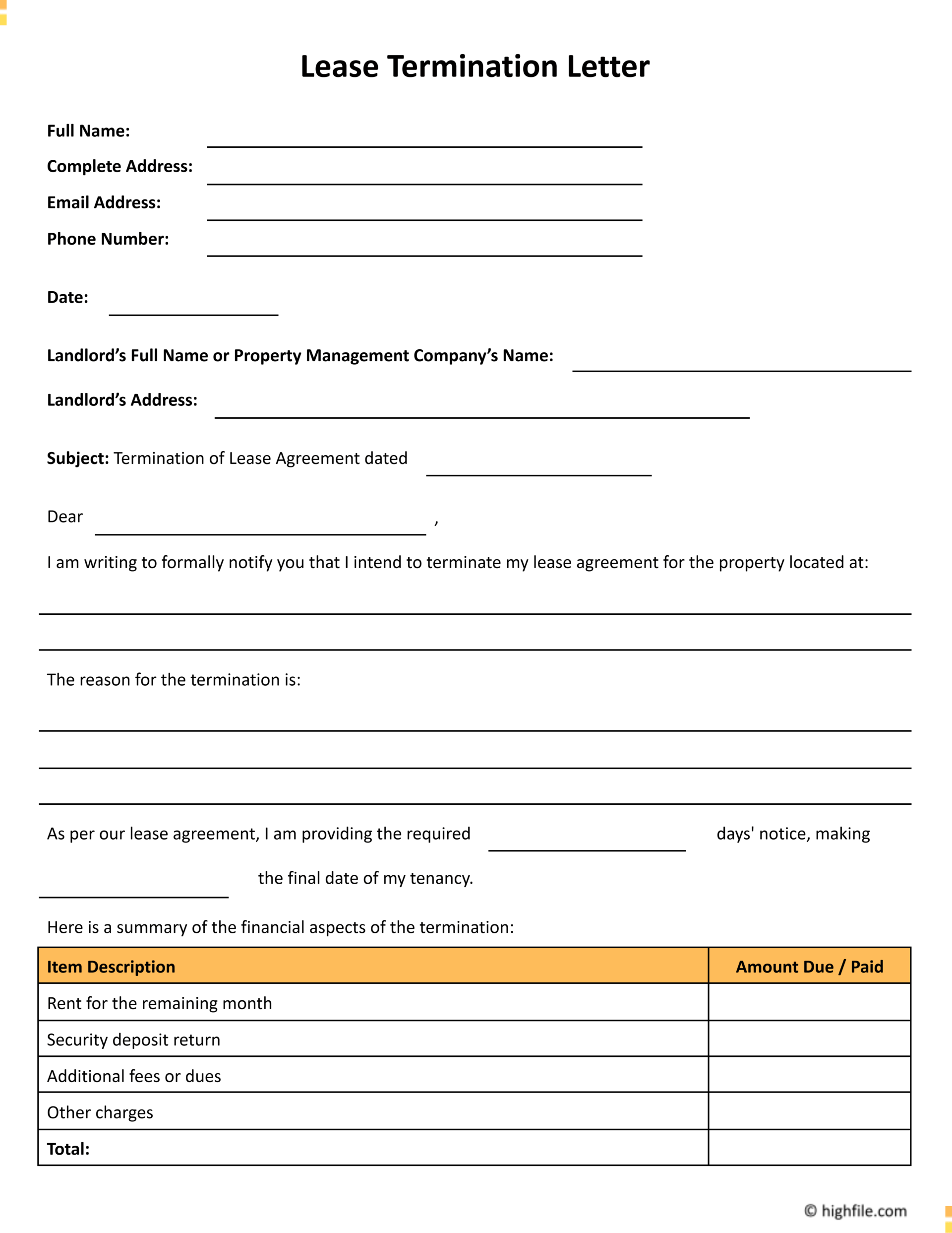 Lease Termination Letter - Word | Google Docs - Highfile