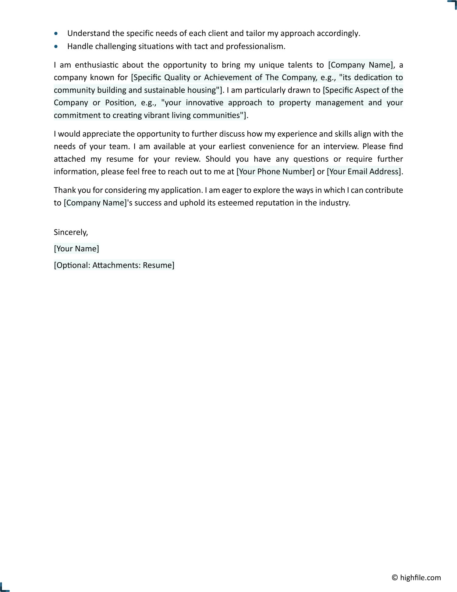 Leasing Consultant Cover Letter - Word | Google Docs - Highfile