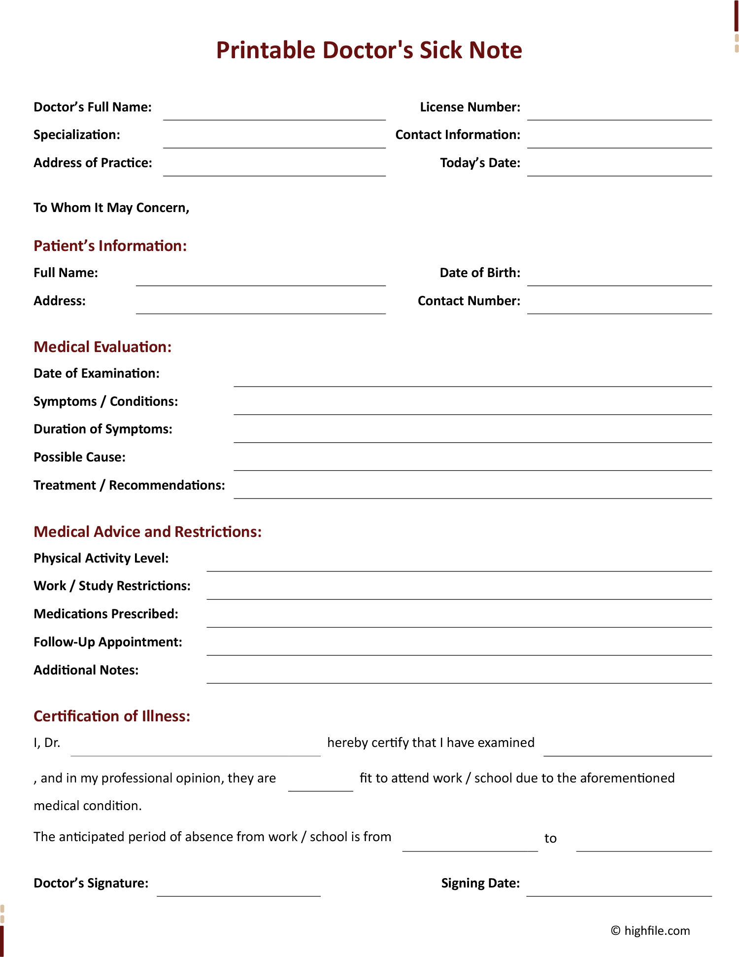 Printable Doctor's Sick Note - Word | Google Docs - Highfile Printable Doctor's Sick Note - Word | Google Docs - Highfile