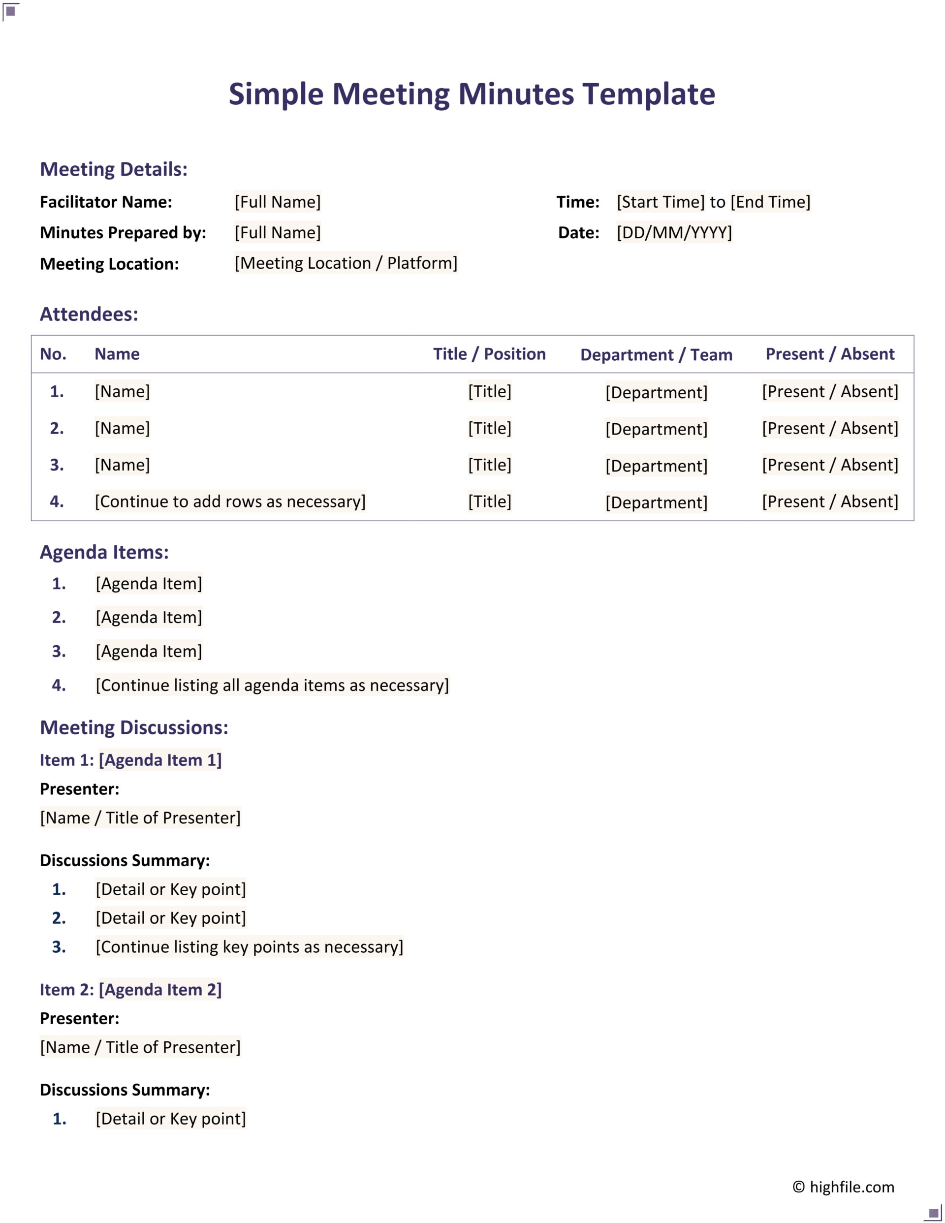 Corporate Meeting Minutes Template - Word | Google Docs - Highfile Corporate Meeting Minutes Template - Word | Google Docs - Highfile