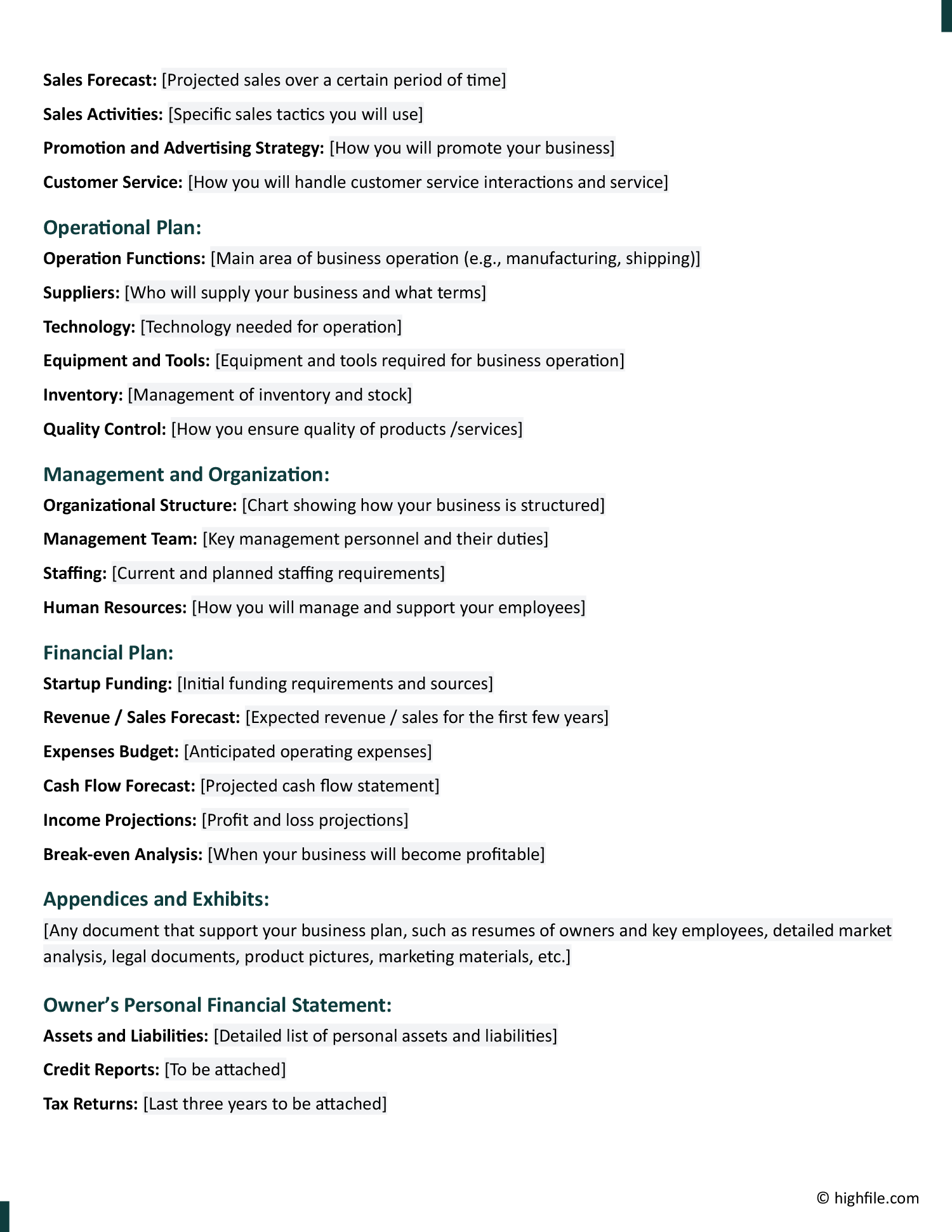 Small Business Plan Template - Word | Google Docs - Highfile