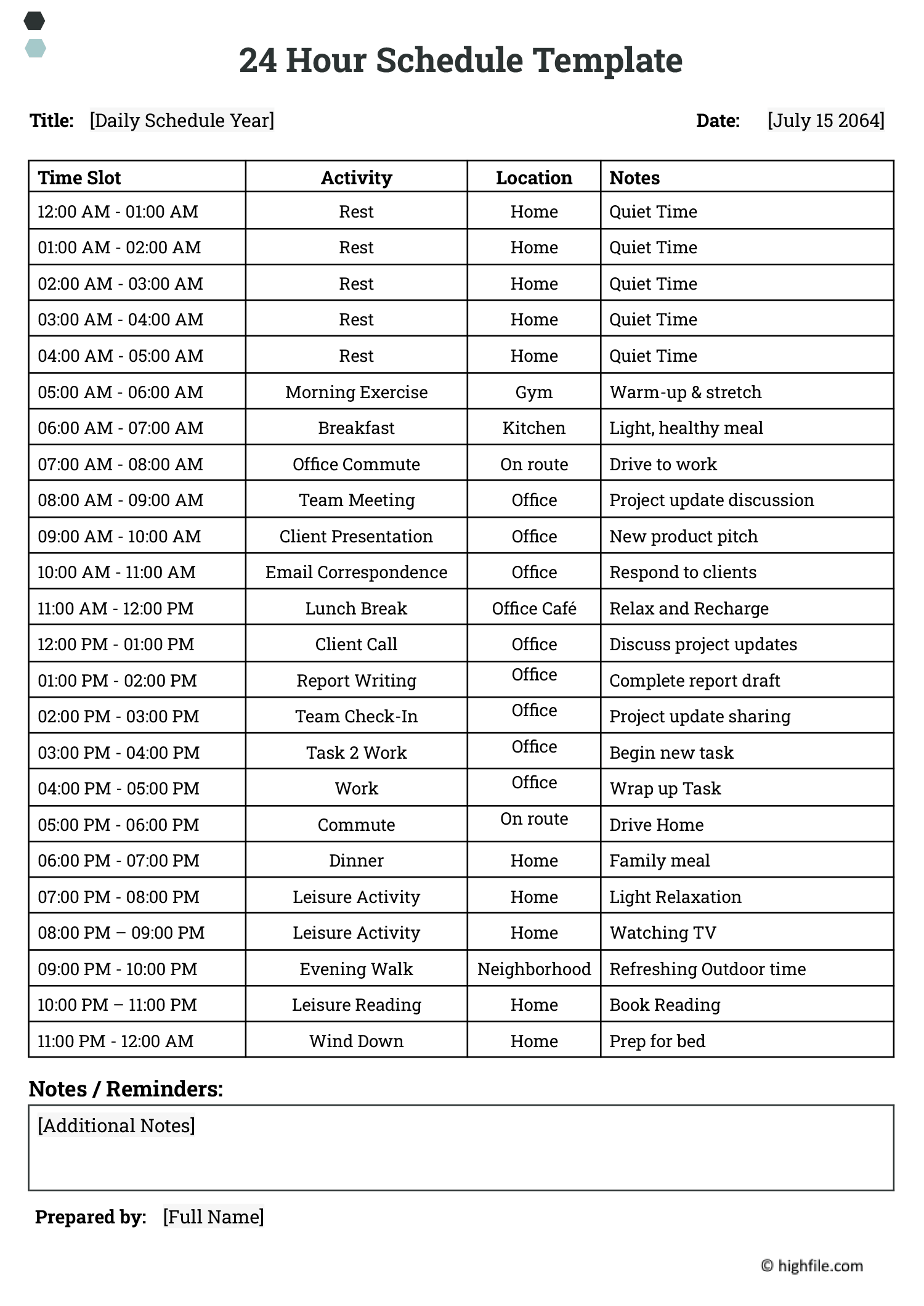 24 Hour Schedule Template - Word | Google Docs - Highfile