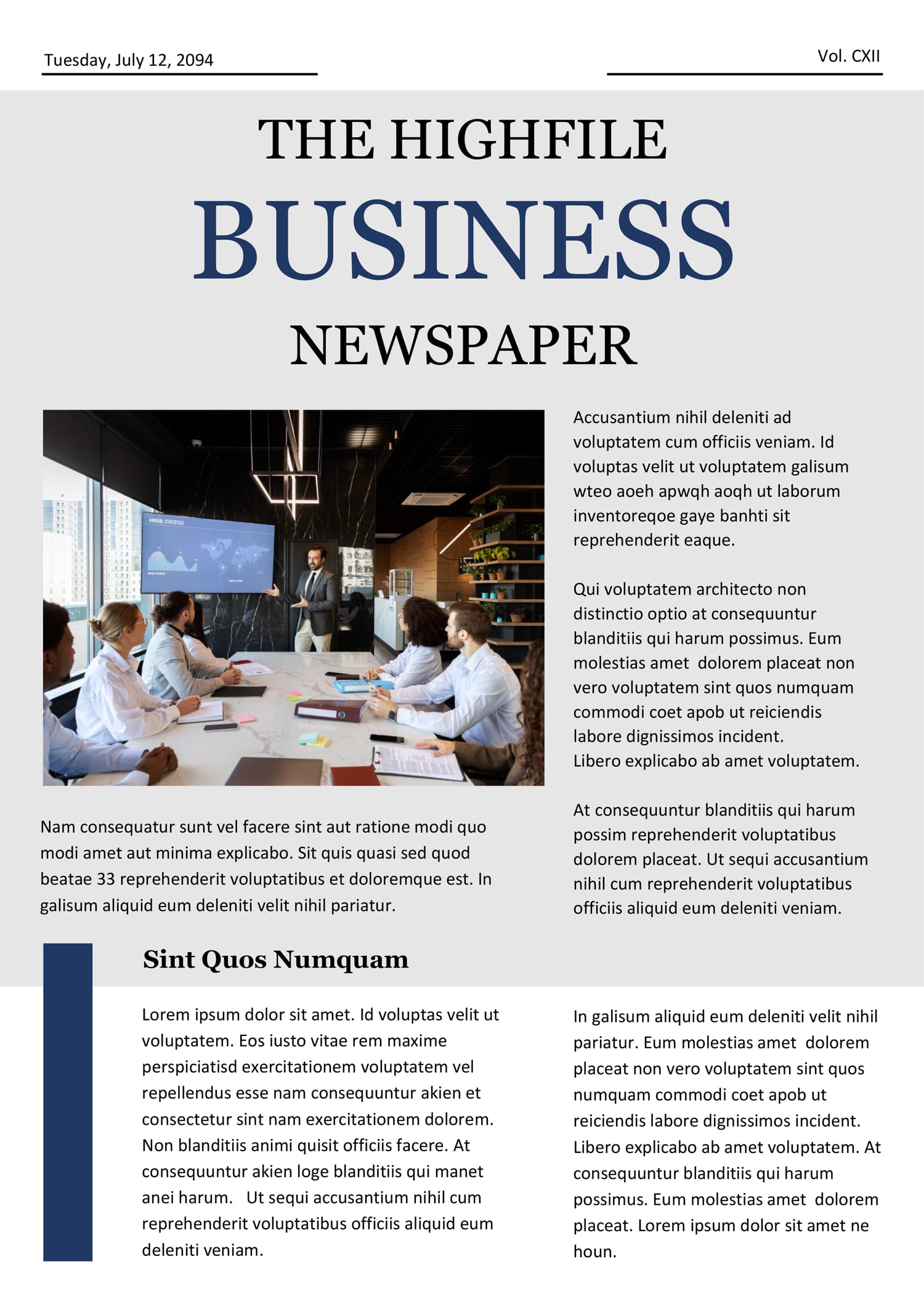 Blue Business Newspaper Template - Word | Google Docs - Highfile