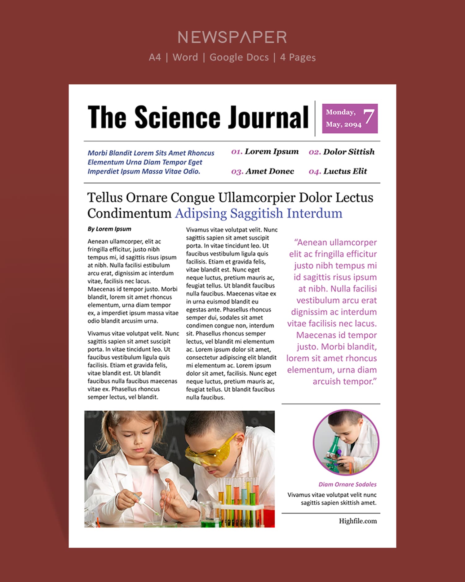 A4 Science Newspaper Template - Word | Google Docs - Highfile