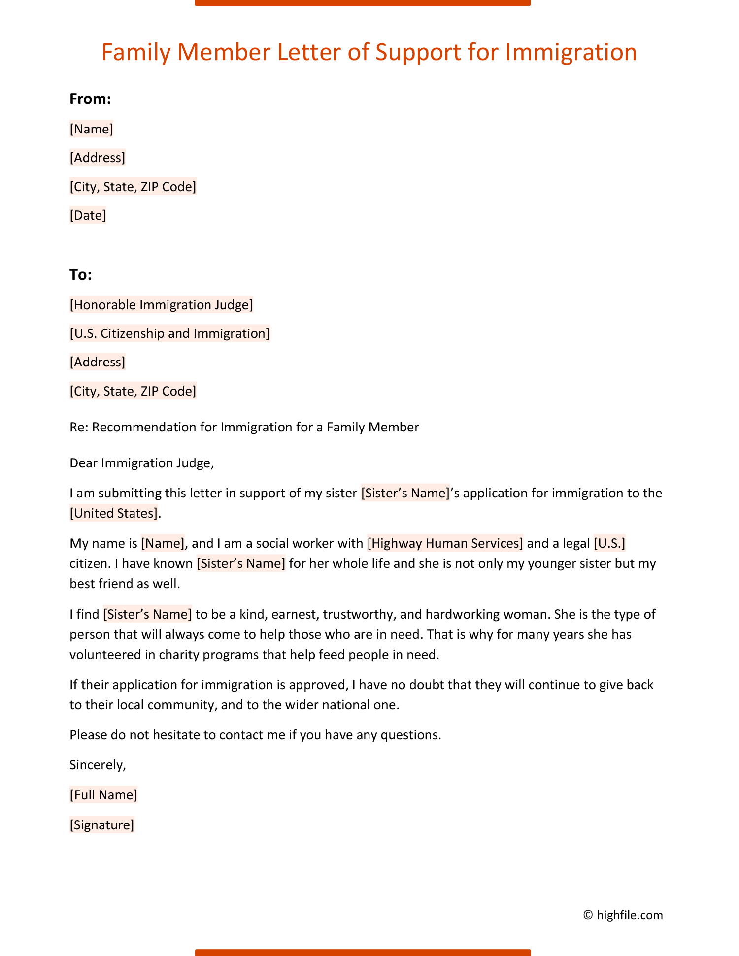 Letter of Support for Immigration - Templates and Examples - Highfile