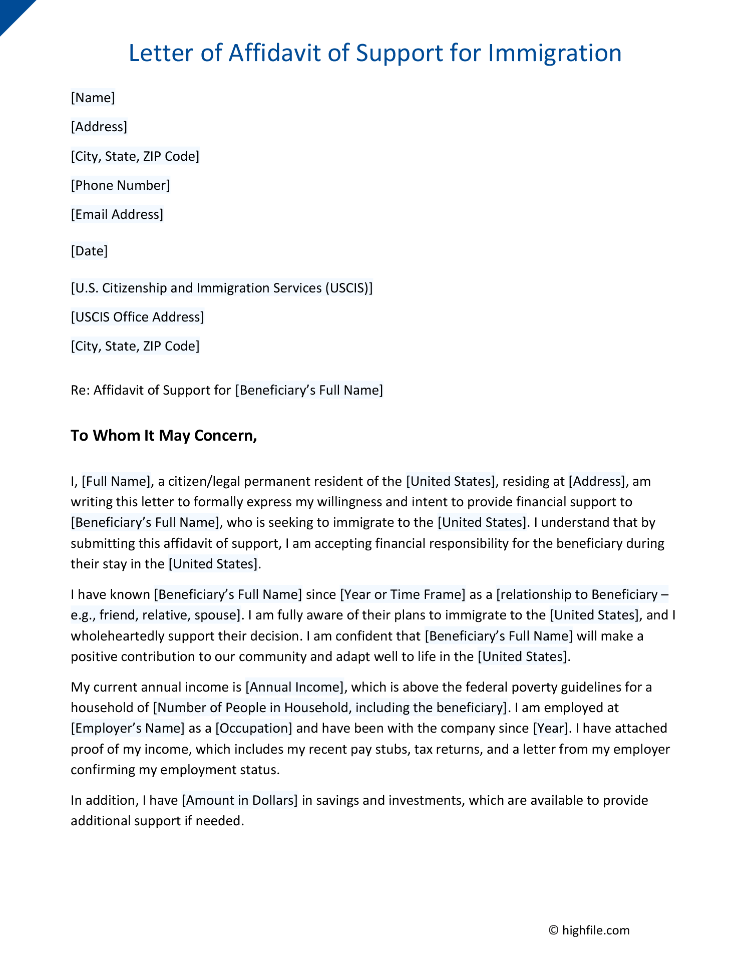 Letter of Support for Immigration - Templates and Examples - Highfile