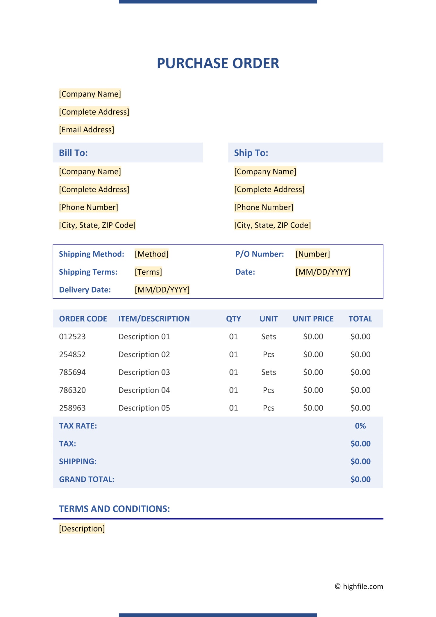 Printable Purchase Order Template - Word | PDF | Google Docs - Highfile Printable Purchase Order Template - Word | PDF | Google Docs - Highfile