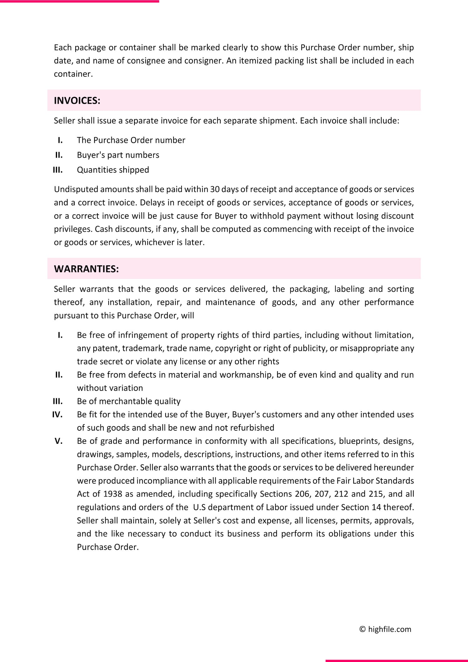 Free Purchase Order Terms And Conditions Template - Highfile