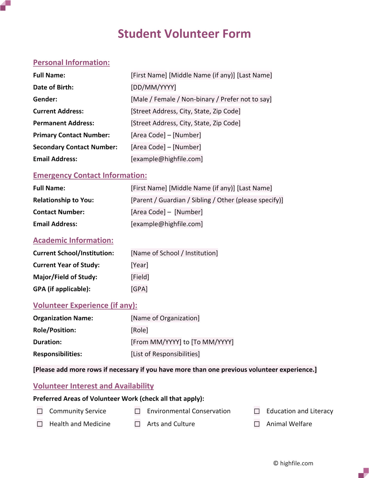Free Volunteer Form Templates - Highfile