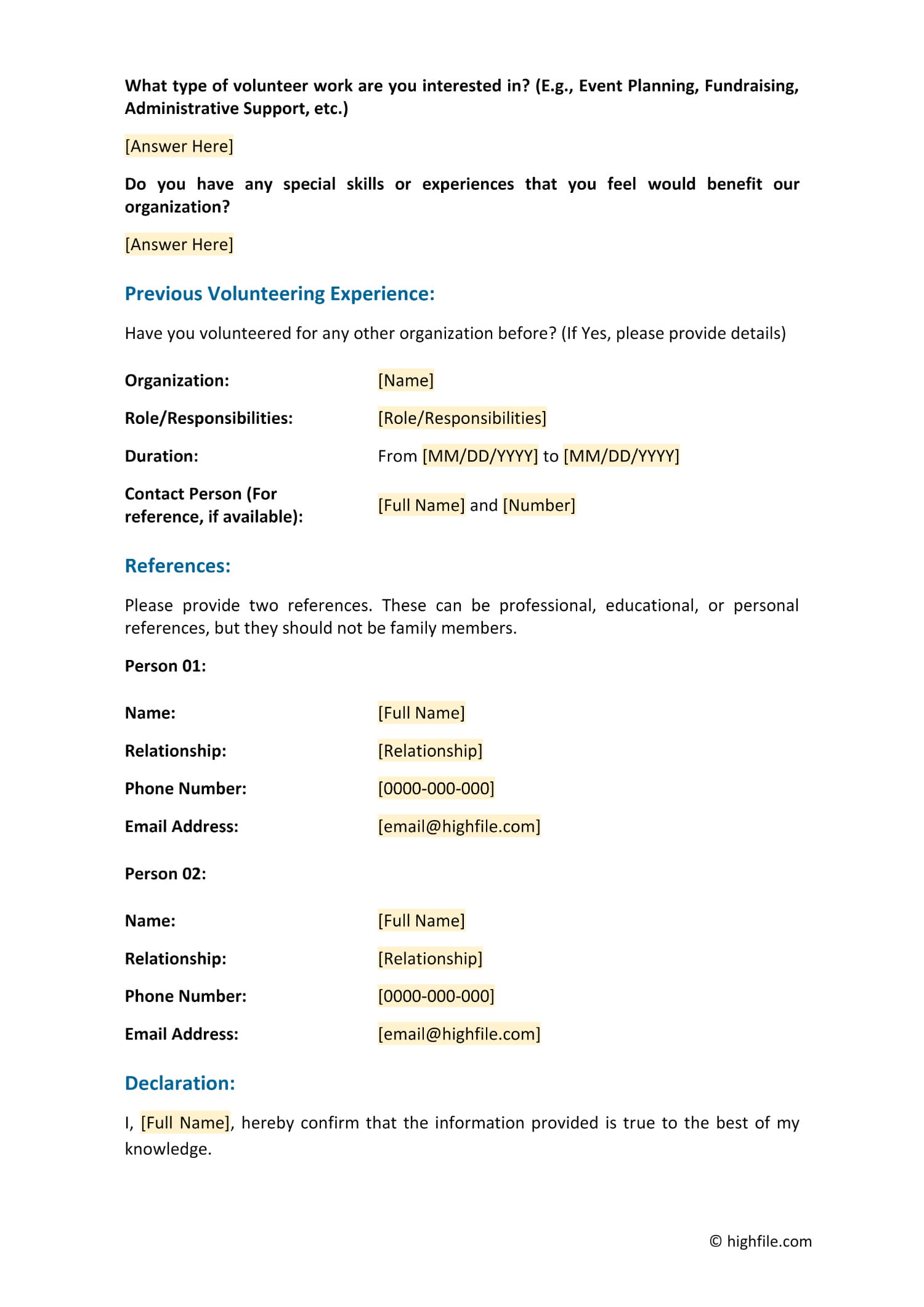 12 Free Volunteer Forms in Google Docs, Word, and PDF - Highfile