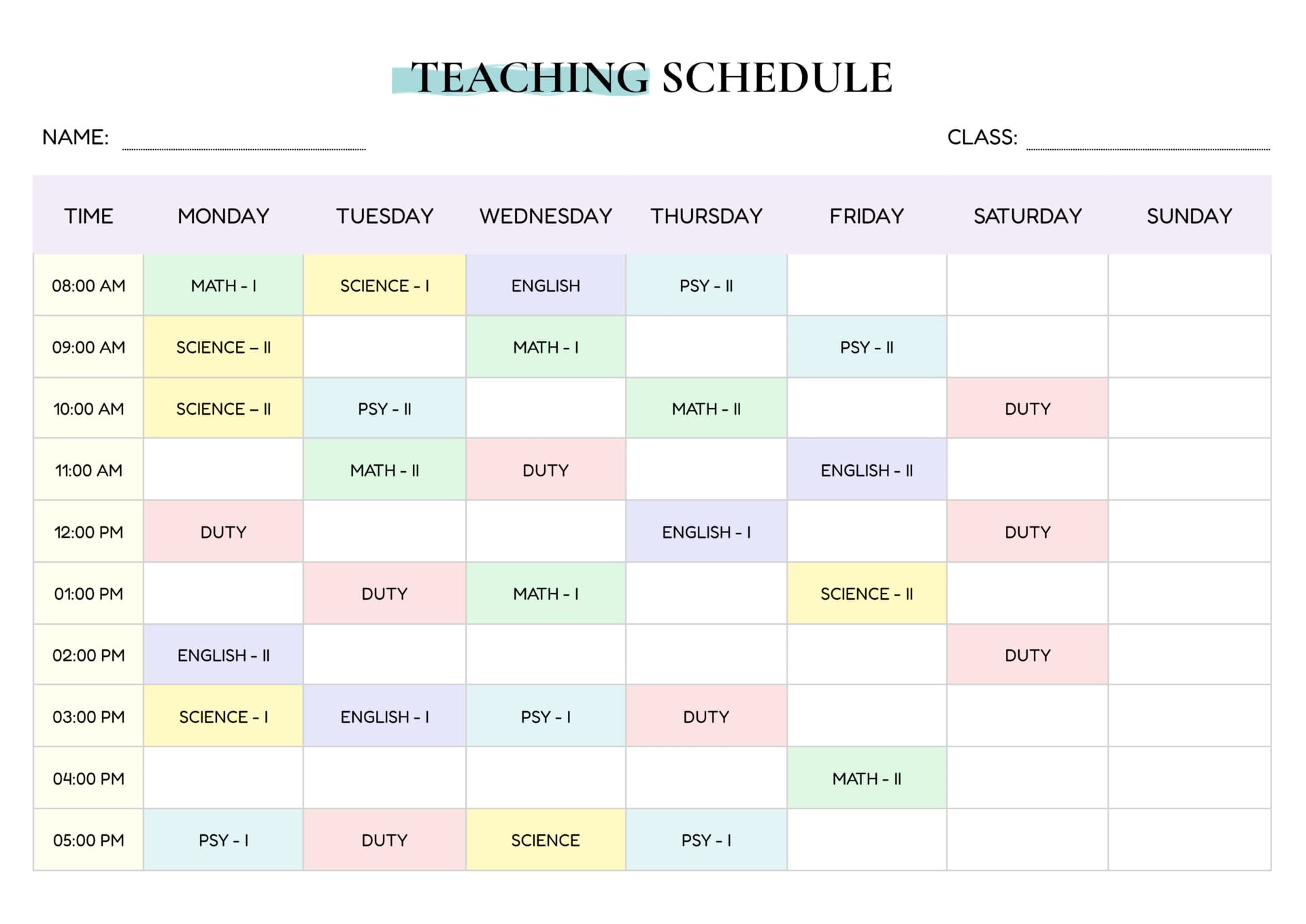 Teaching Schedule Template - Google Docs | Word - Highfile