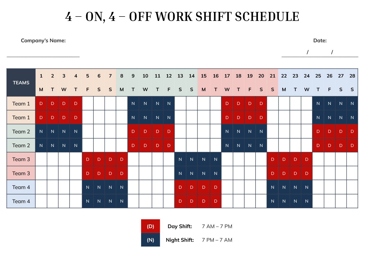 4-on, 4-off Work Shift Schedule Template - Google Docs | Word - Highfile