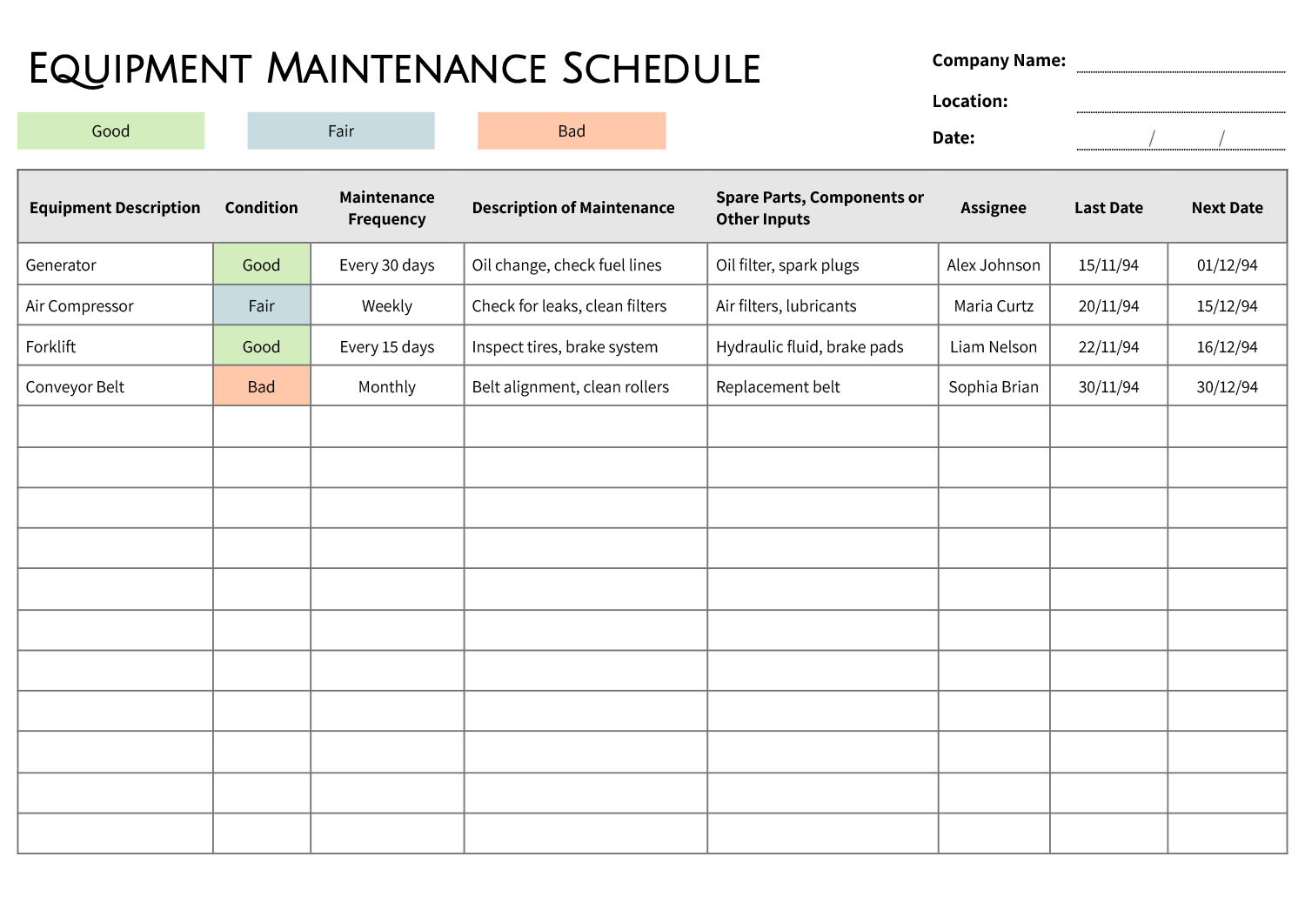Equipment Maintenance Schedule Template - Google Docs | Word - Highfile