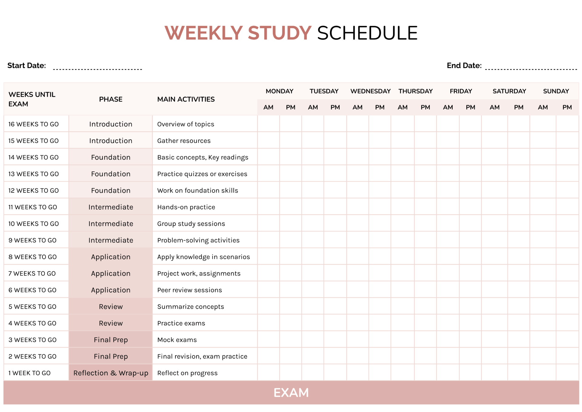 Weekly Study Schedule Template - Google Docs | Word - Highfile