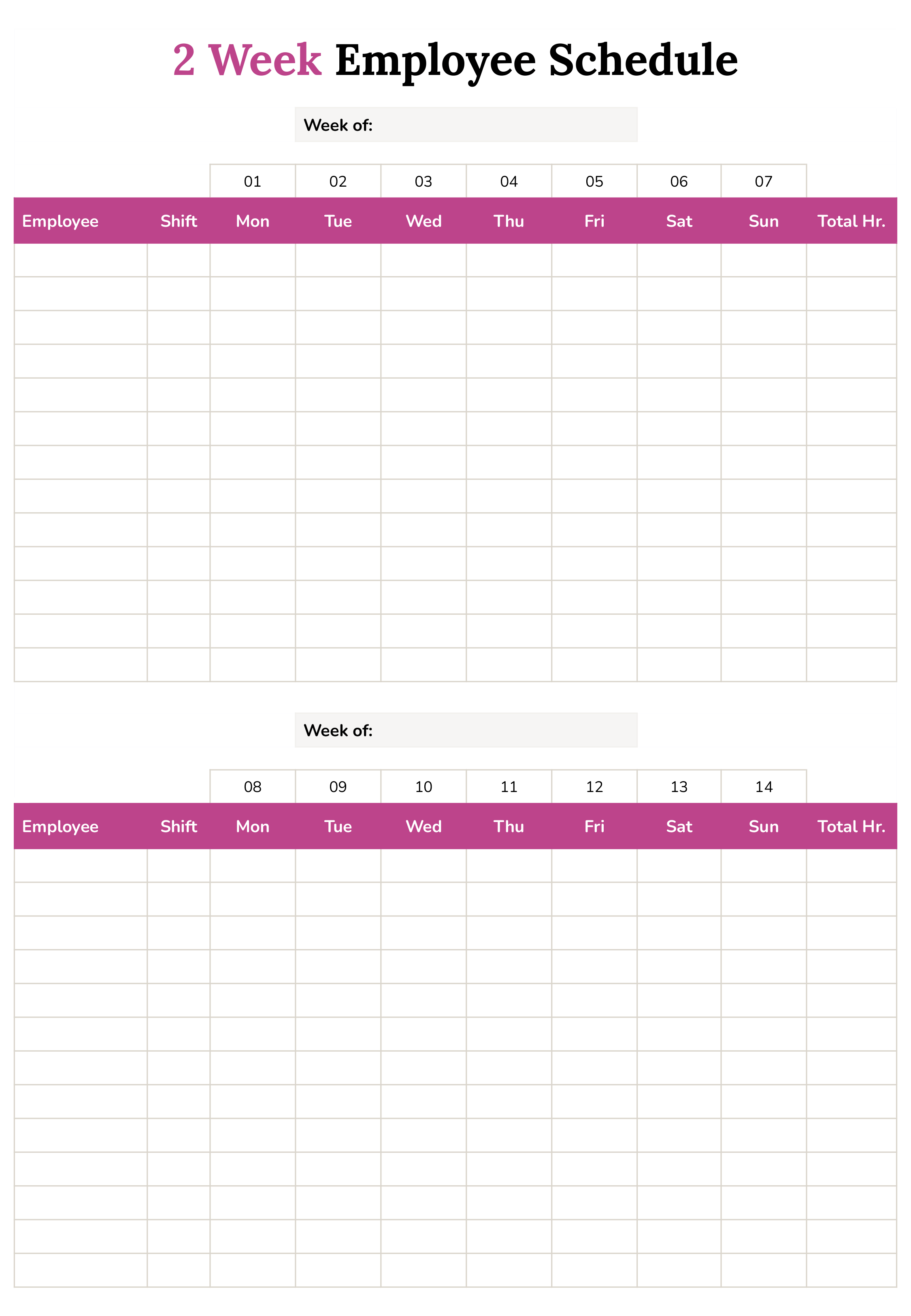 2 Week Employee Schedule Template - Highfile