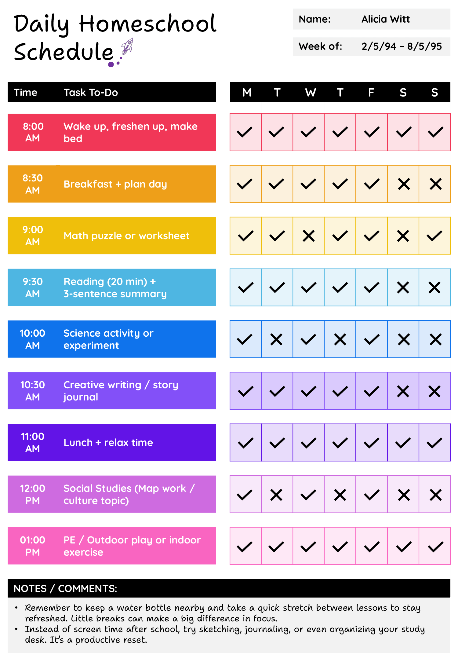 Free Daily Homeschool Schedule Template - Highfile