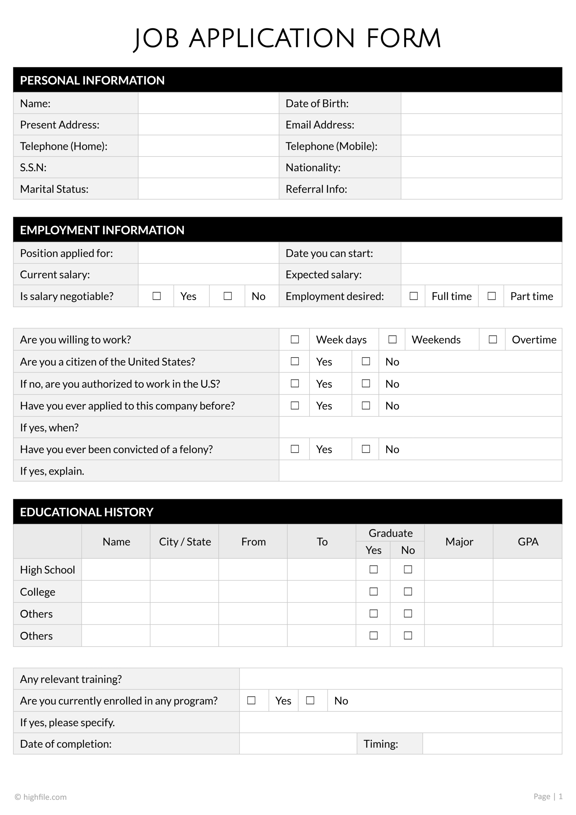 Job Application Template - Google Docs | Word - Highfile