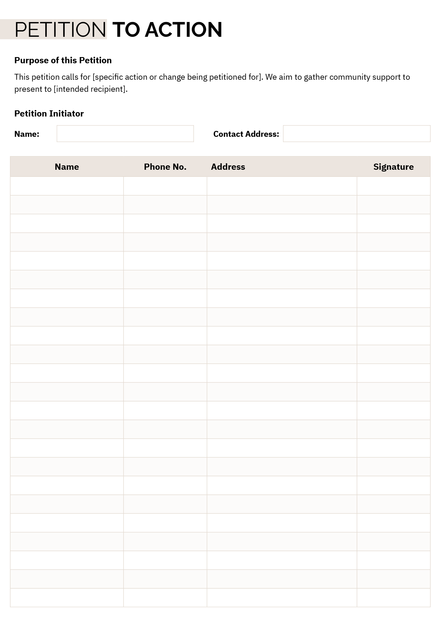 Petition to Action Sheet Template - Word - Highfile