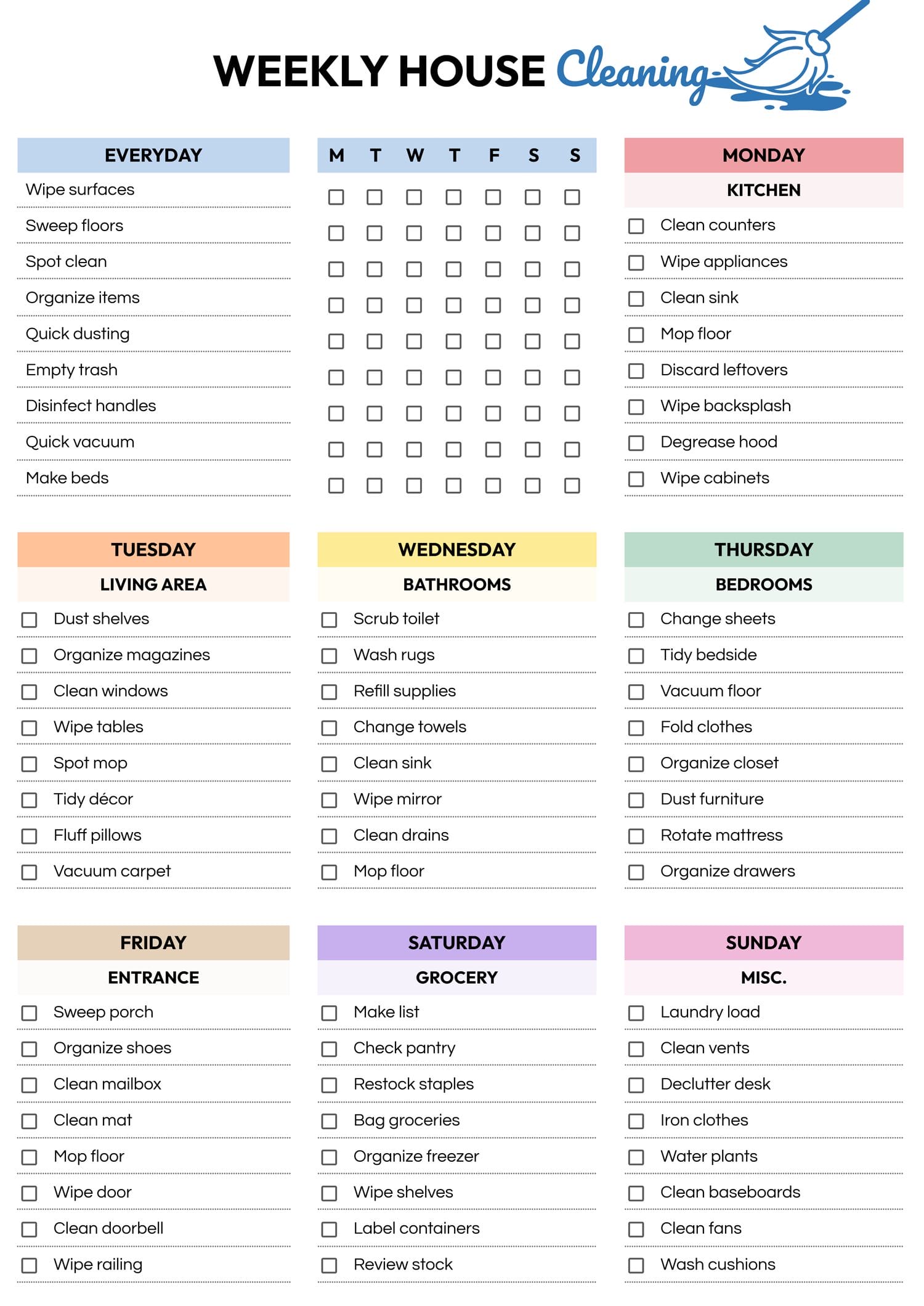 Free Weekly House Cleaning Schedule Template - Highfile