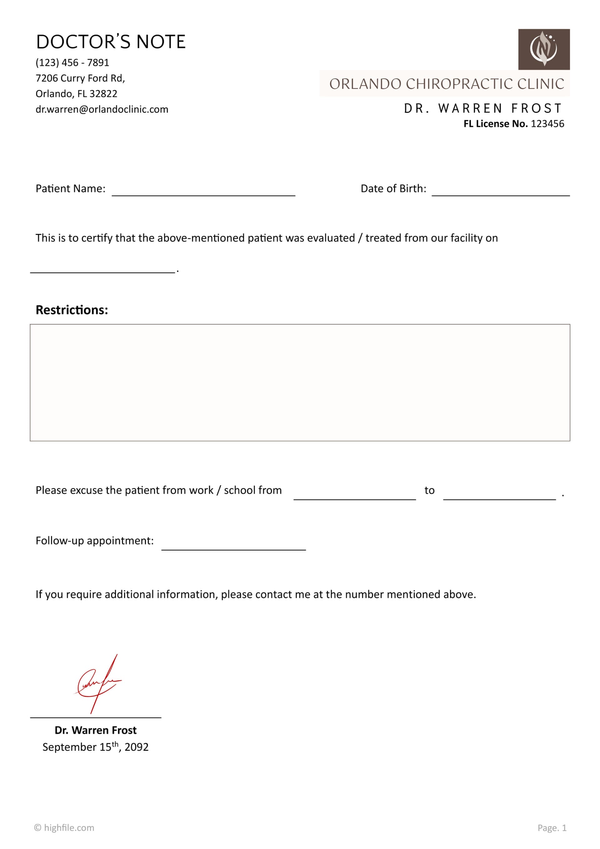 Doctor’s Return to Work Note Template - Word | Google Docs | PDF