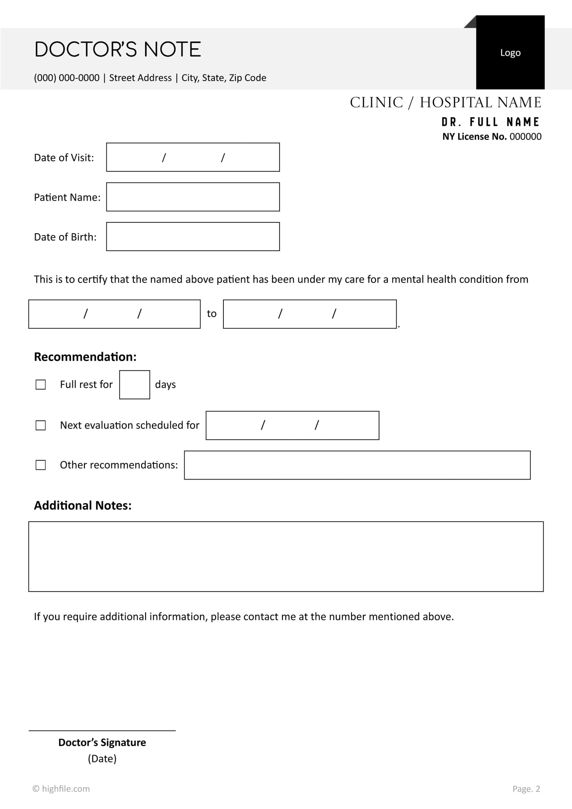 Free Mental Health Doctor’s Note Template - Highfile