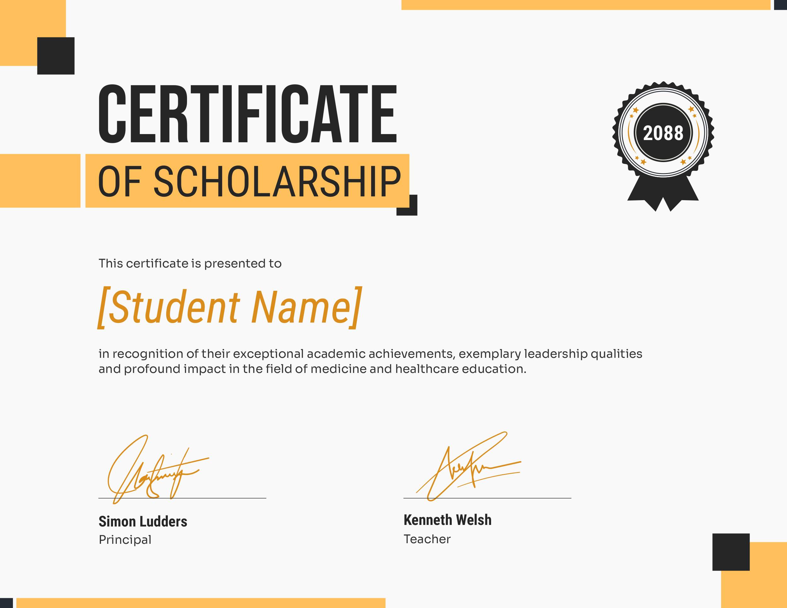 Black and Yellow Scholarship Certificate Template - Highfile