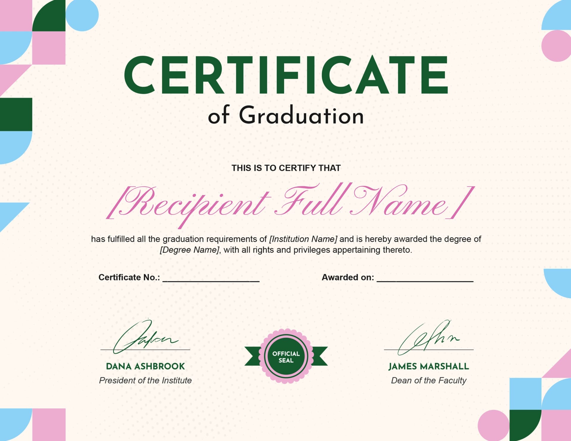 Pink and Green Graduation Certificate Template - Highfile