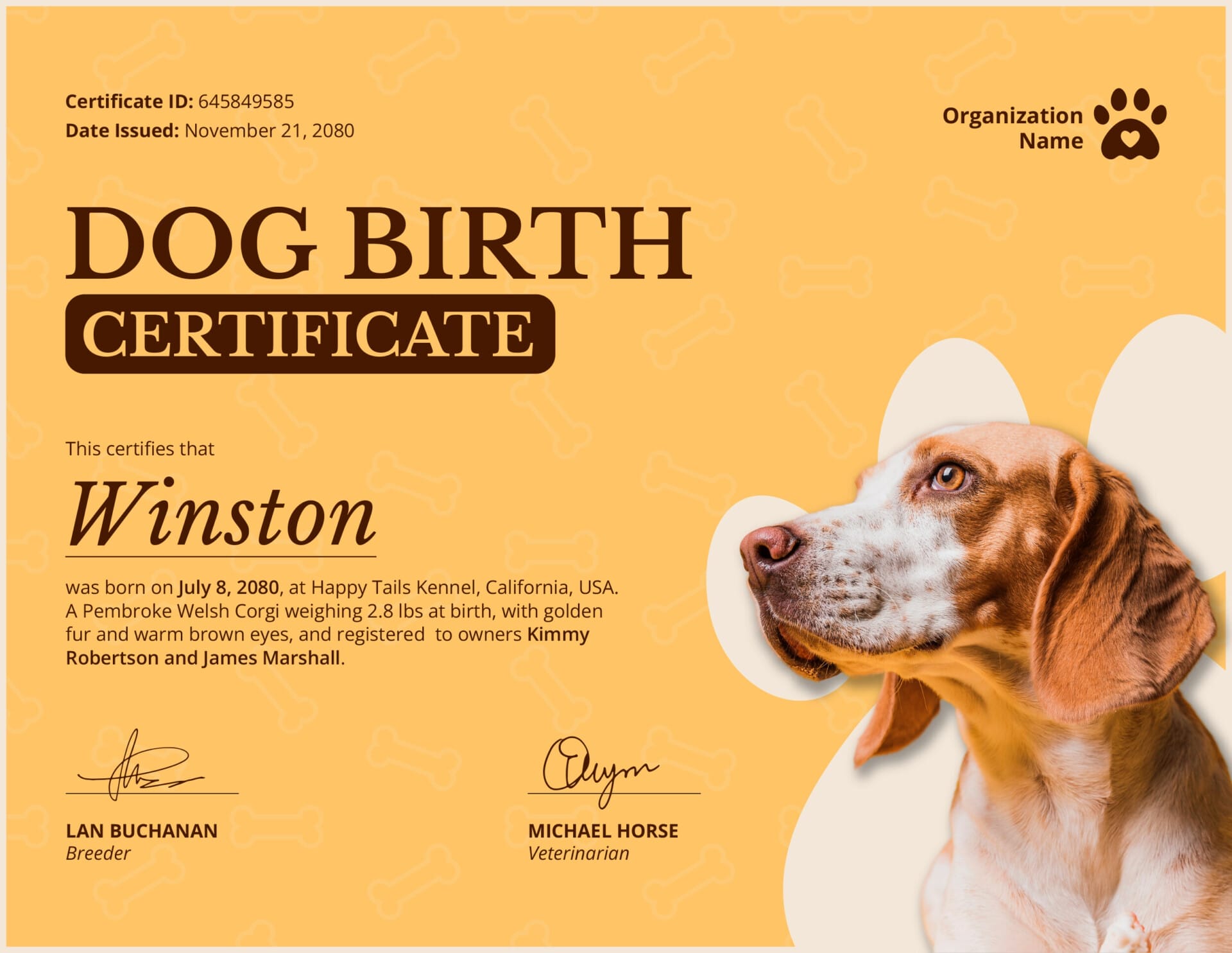Brown and Yellow Dog Birth Certificate Template - Highfile