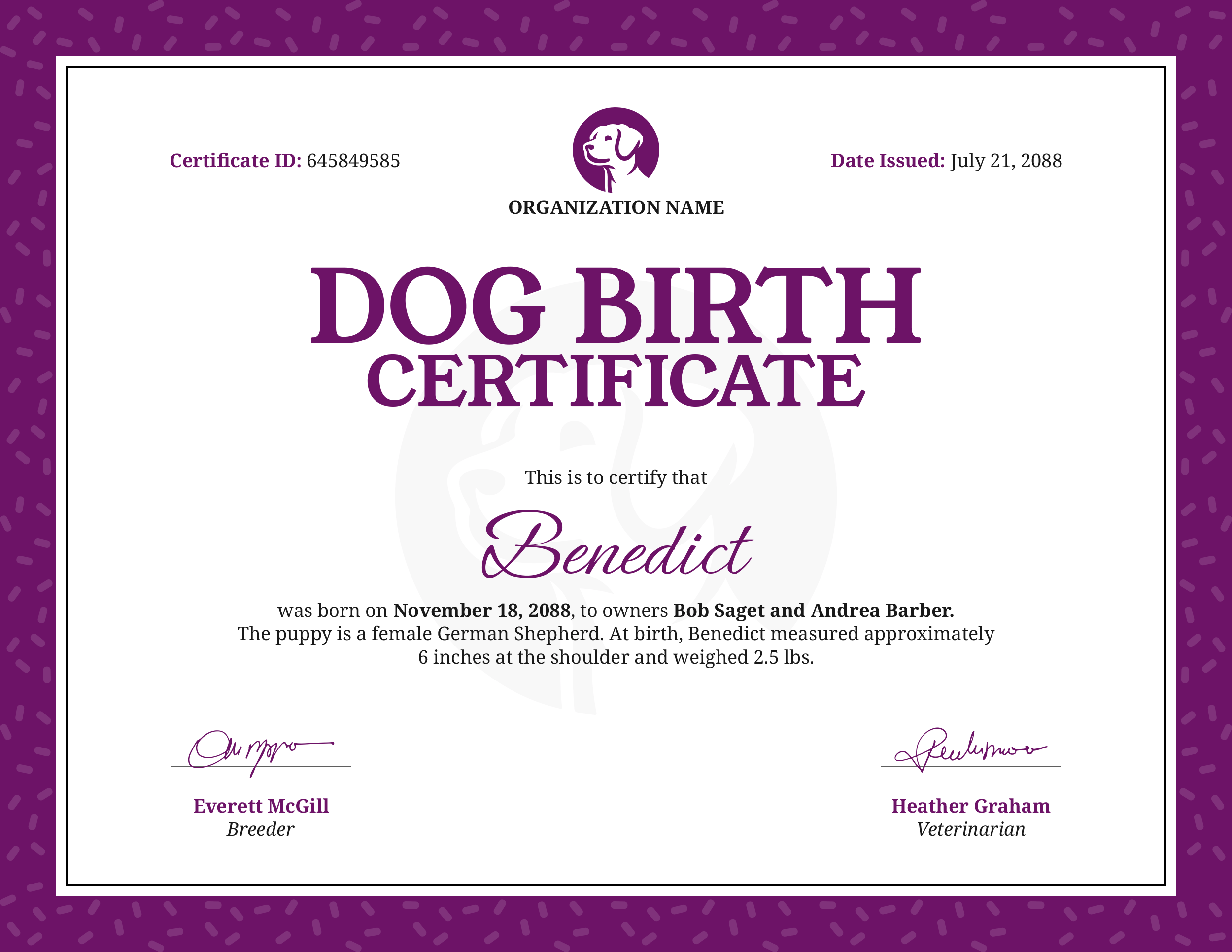 Purple and White Dog Birth Certificate Template - Highfile